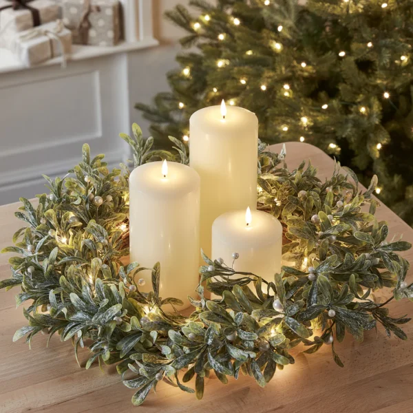 Couronne de Noël Pré-éclairée en Gui & Trio de Bougies Cierge TruGlow®